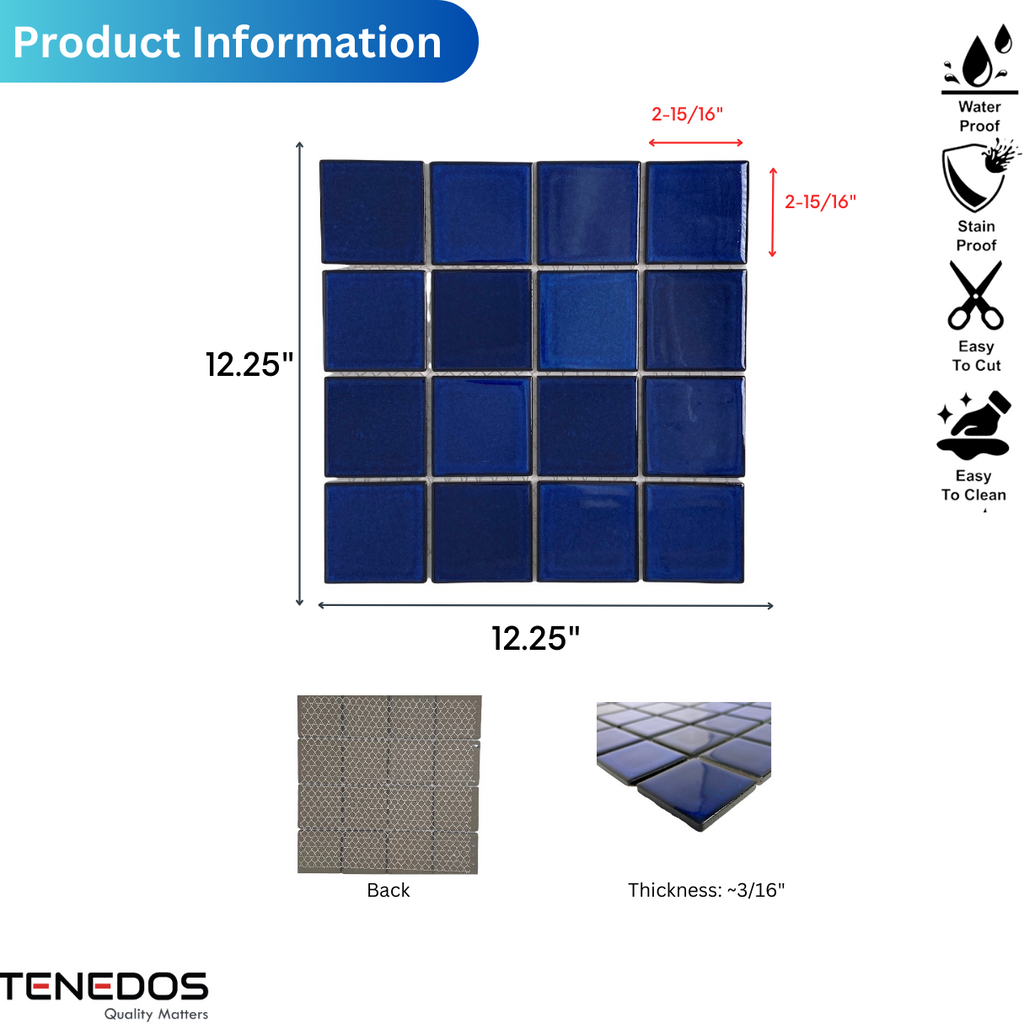 Tenedos 3x3 Cobalt Blue Square Pattern Porcelain Mosaic Floor Wall Poo
