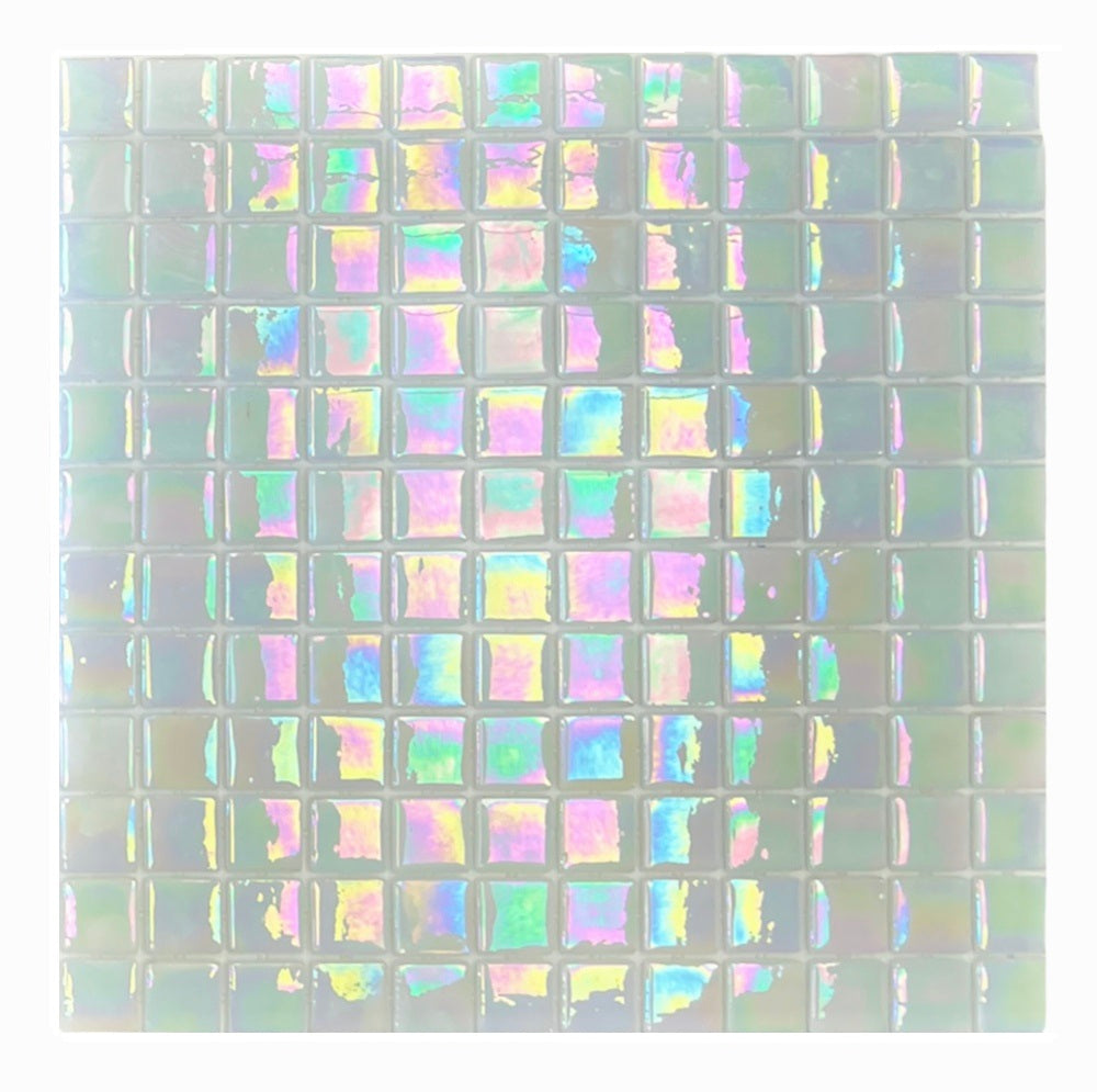 Tenedos White 1x1 Square Iridescent Recycled Glass Mosaic Floor and Wa
