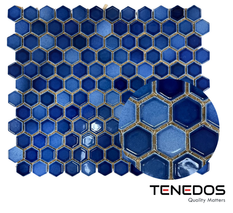 Tenedos Tropical Navy Blue Hexagon Glossy Porcelain Mosaic Wall Floor