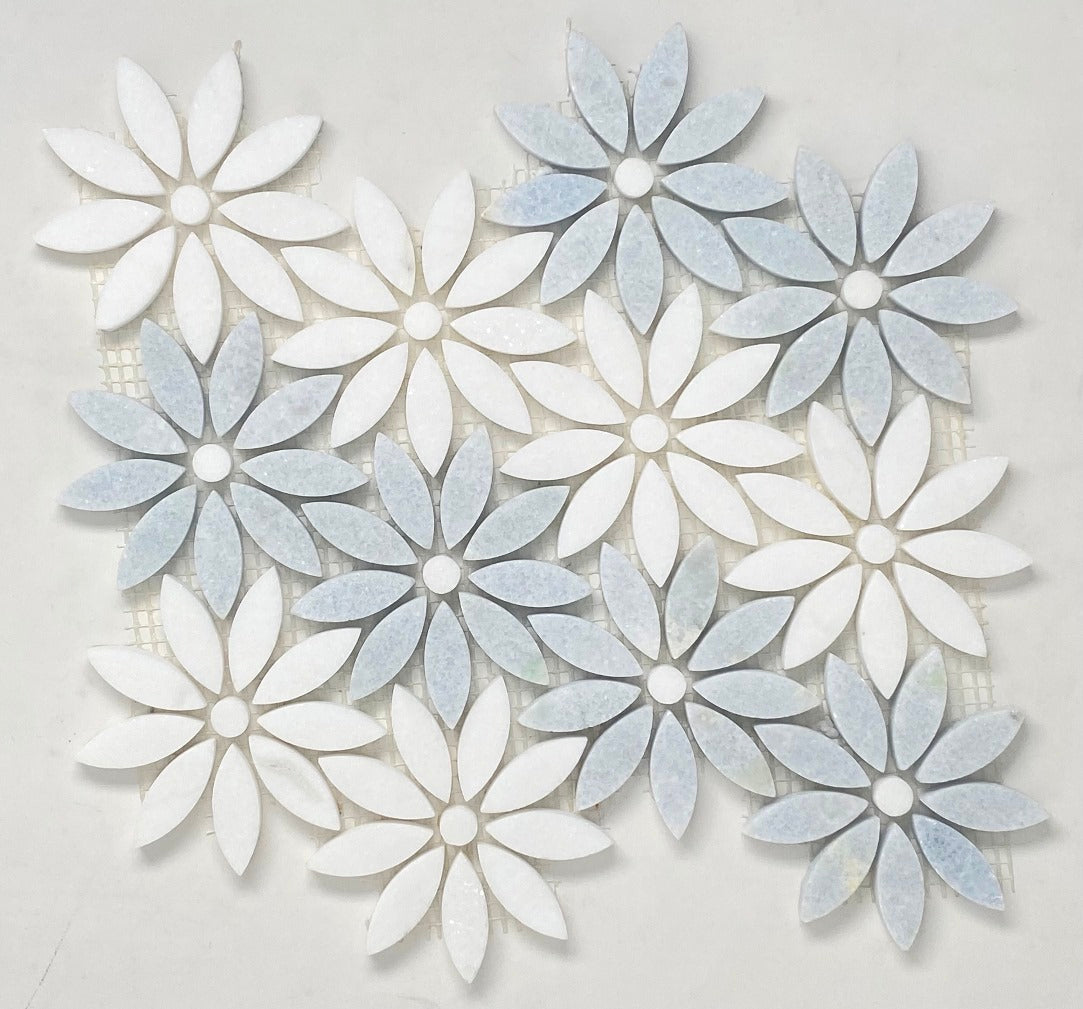 Daisy Flower Pattern Light Celeste Blue Greyish with White Thassos Mar