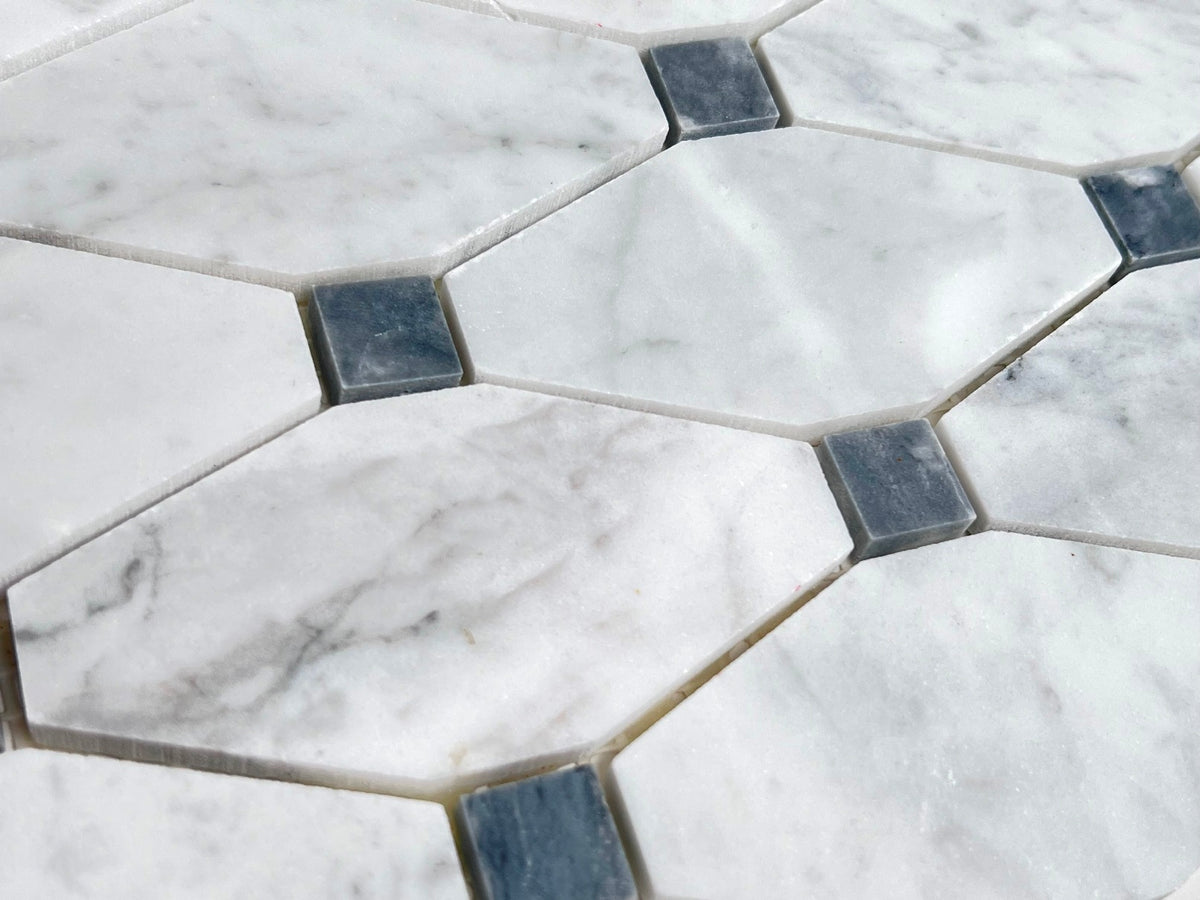 Carrara Marble Long Octagon Rhomboid Chipped Diamond Mosaic Tile with