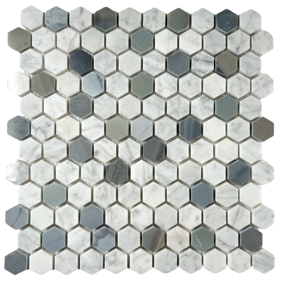 Modern Blue Grey and Carrara Hexagon 1 Inch Marble Polished Tile for F ...